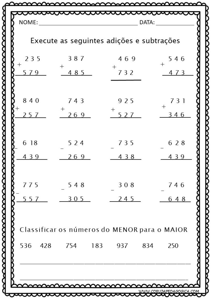 Adição e Subtração com 3 casas decimais - Coruja Pedagógica